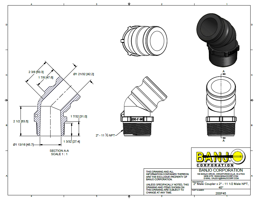 Banjo Male Adapter 2 x 2 Inch Male Thread 45 Degree | 200F45 | Banjo ...